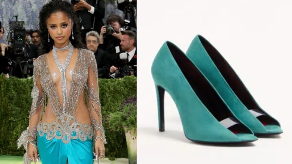 Tyla Soars in Peacock-inspired Look and Aquamarine Valentino Pumps at ...